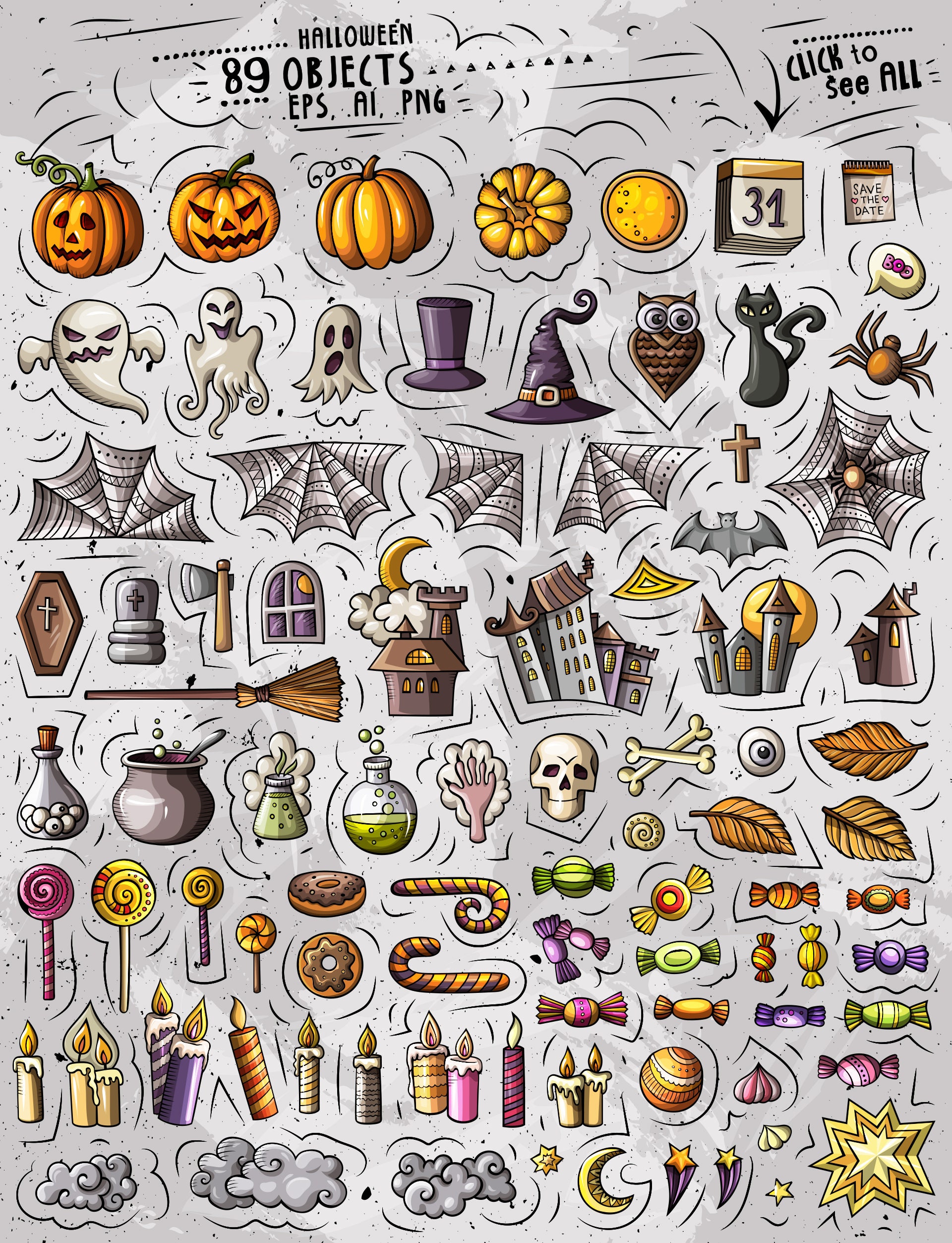 HALLOWEEN Vector Clipart, Halloween Party Cartoon PNG Set, Doodles Clip ...