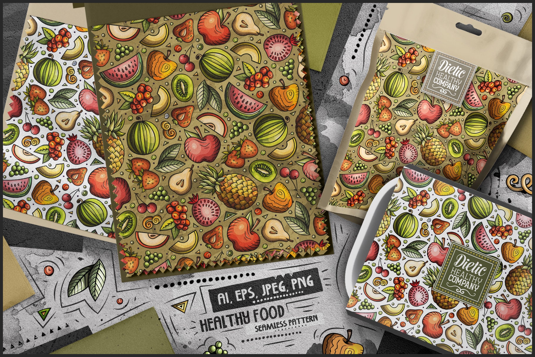 DIET Food Digital Paper Pack, Diet Seamless Patterns, Vegan Food ...