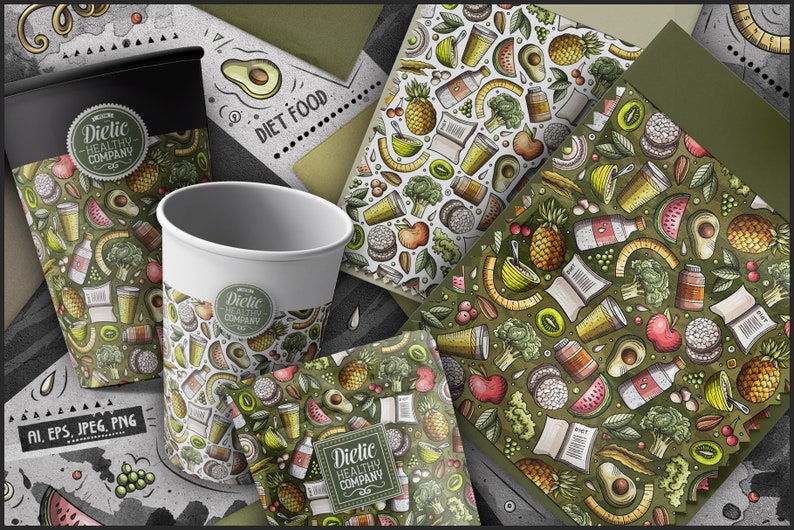 DIET Food Digital Paper Pack, Diet Seamless Patterns, Vegan Food ...