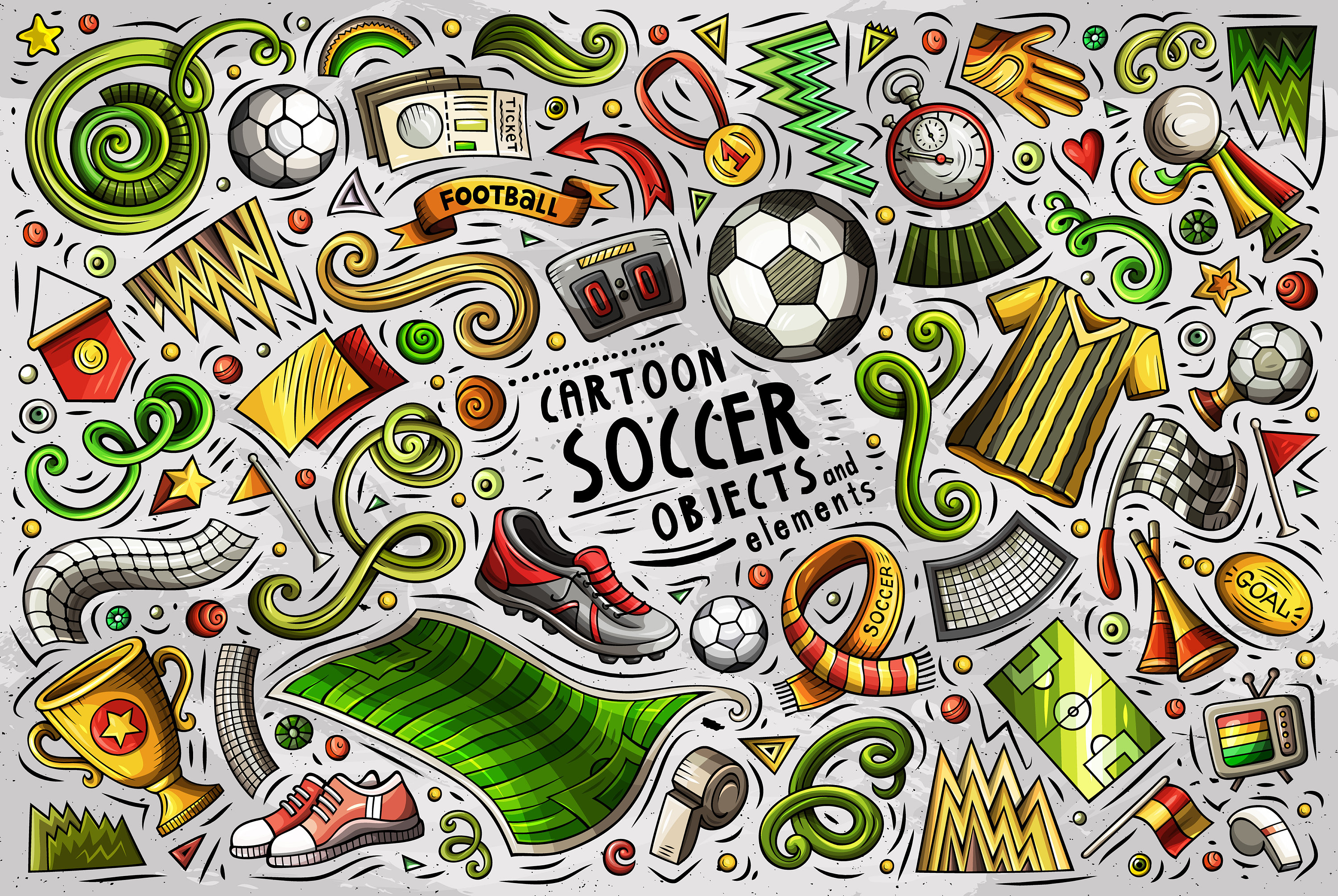SOCCER Clipart, Cartoon Doodle Football Set, Sports Equipment Funny ...