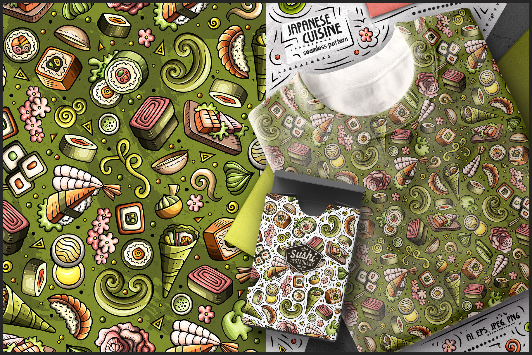 Japanese Food Digital Paper Pack, Japan Cuisine Seamless Patterns ...