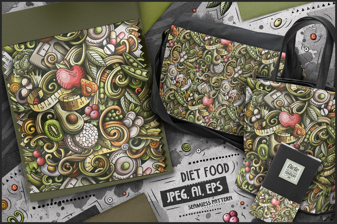 DIET Food Digital Paper Pack, Diet Seamless Patterns, Vegan Food ...