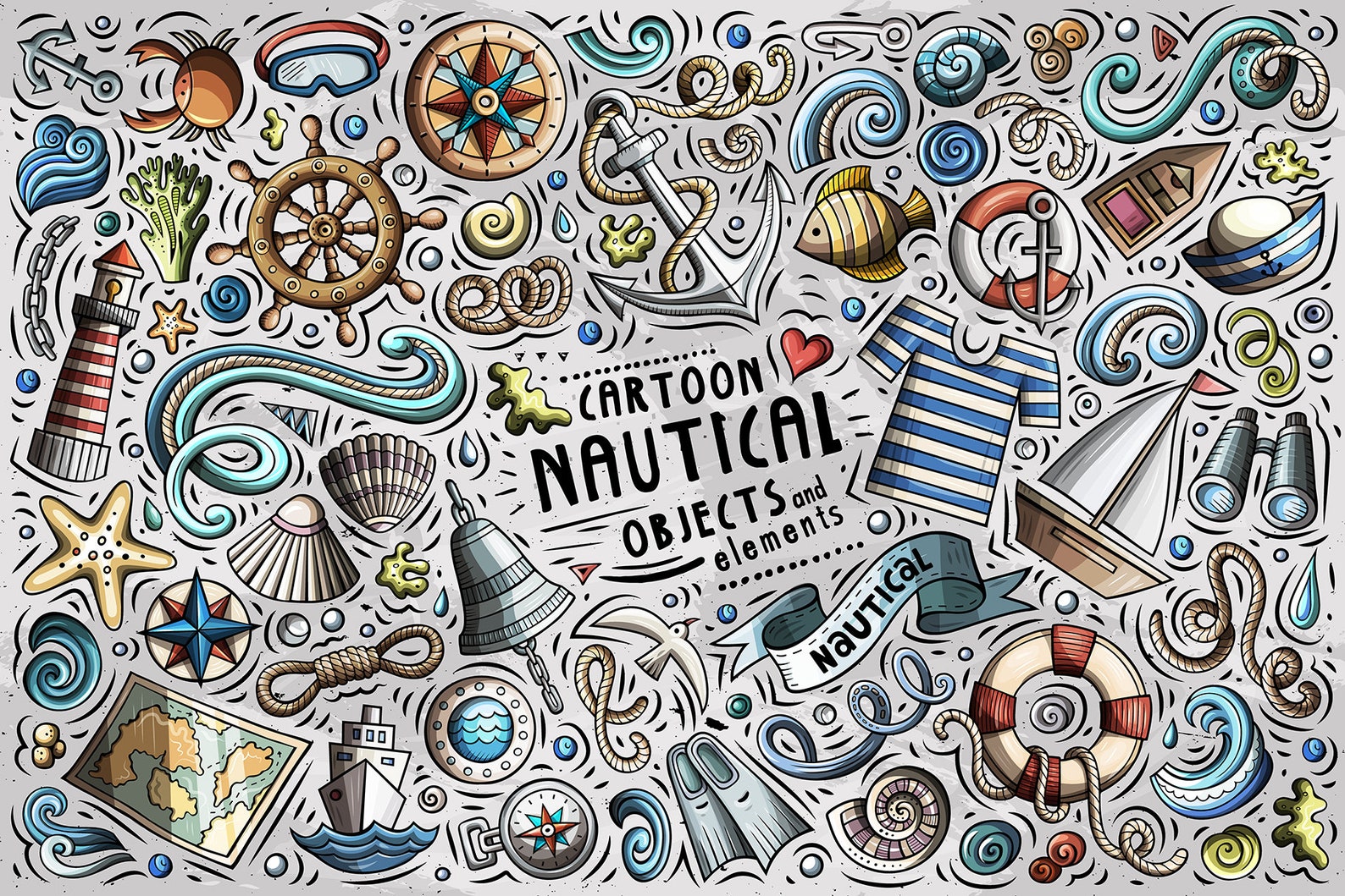 Nautical Vector Clipart, Marine Cartoon PNG Set, Nautical Doodles Clip ...