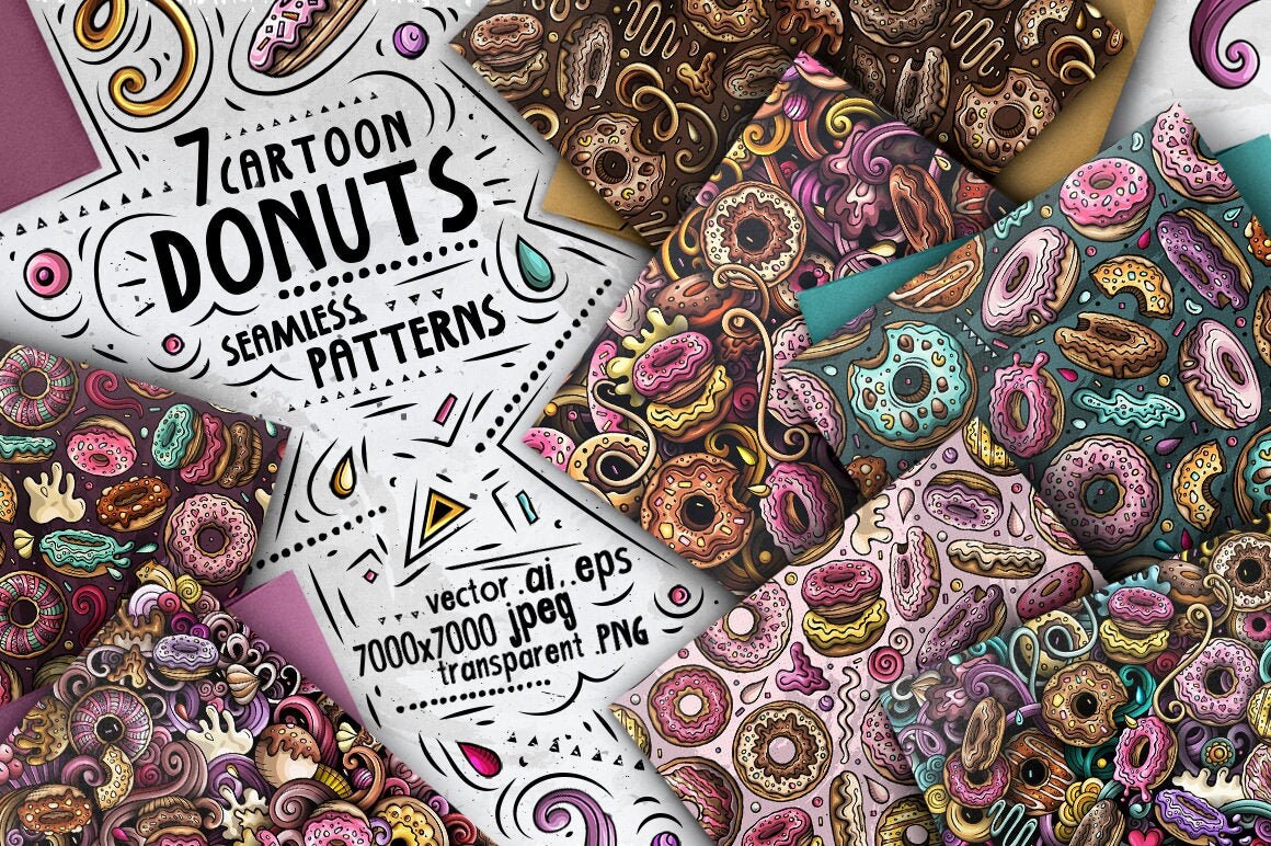 Donuts Digital Paper Pack, Donuts Seamless Patterns, Scrapbook Paper ...