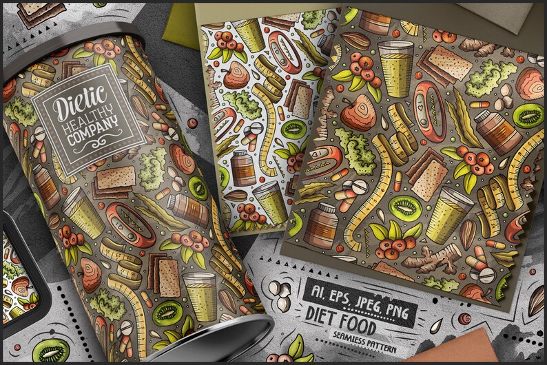 DIET Food Digital Paper Pack, Diet Seamless Patterns, Vegan Food ...