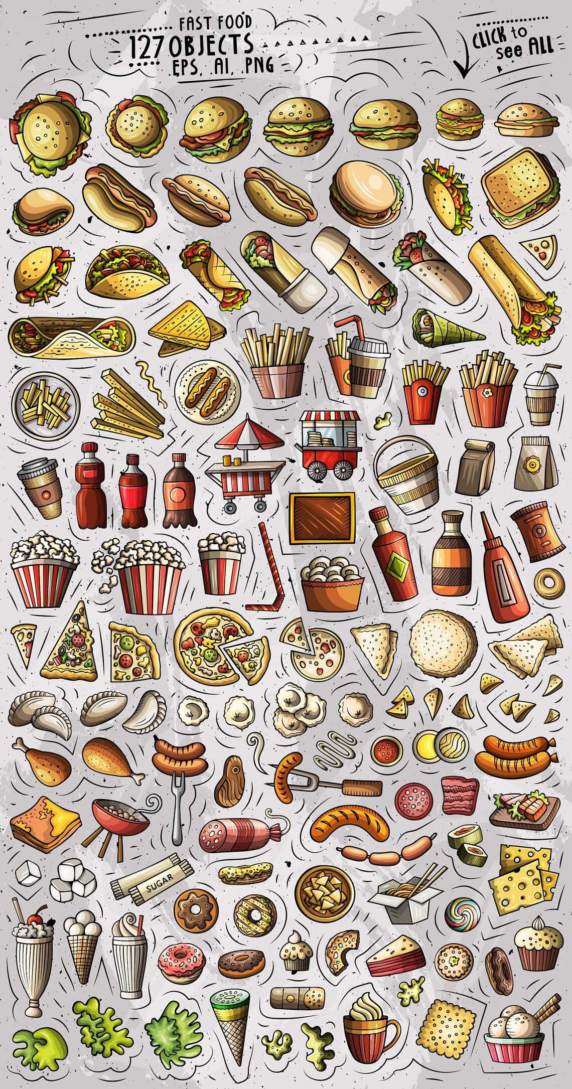 Fastfood Vector Clipart, Fast Food Cartoon PNG Set, Food Doodles Clip ...