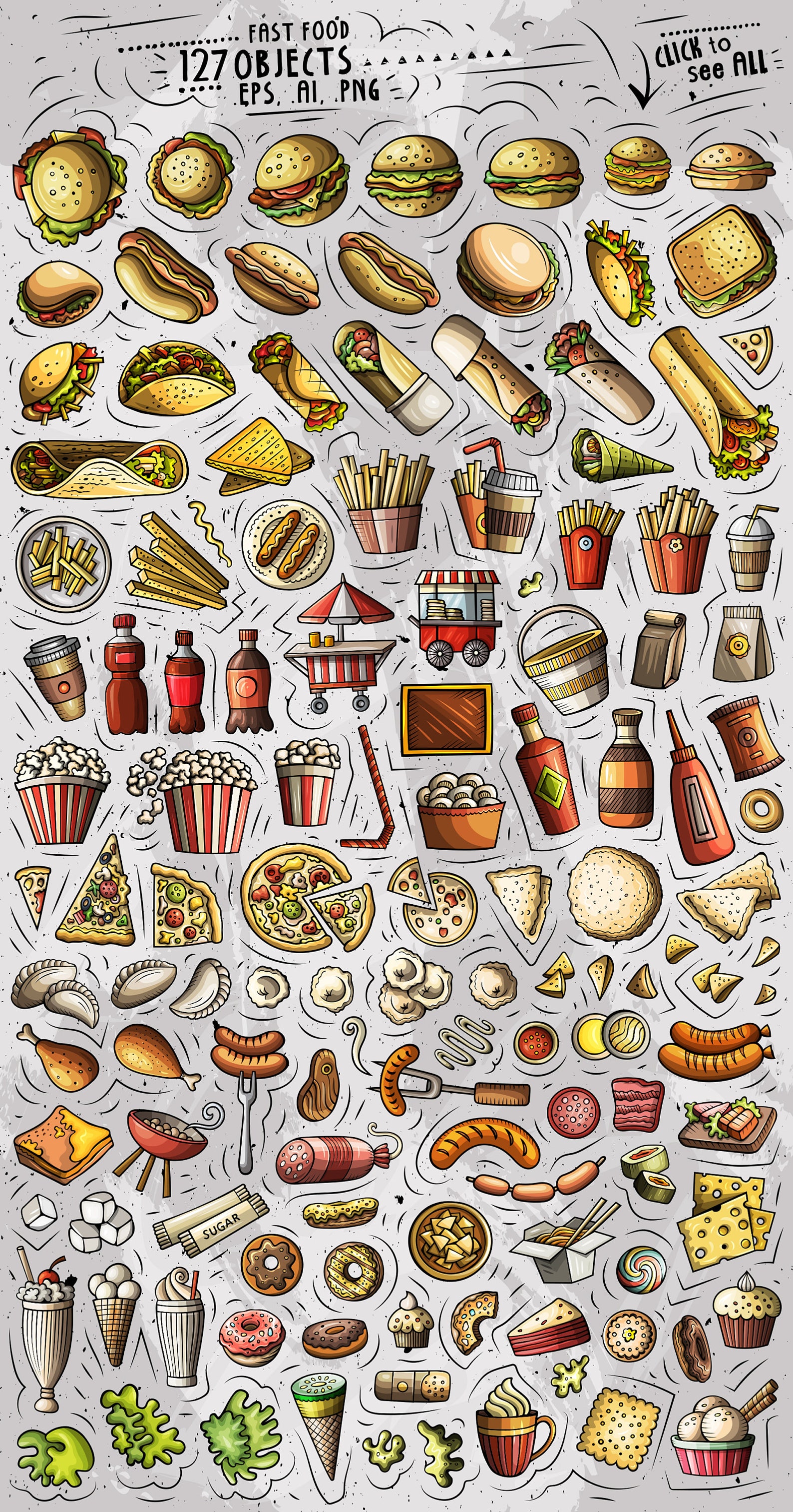 Fastfood Vector Clipart, Fast Food Cartoon PNG Set, Food Doodles Clip ...