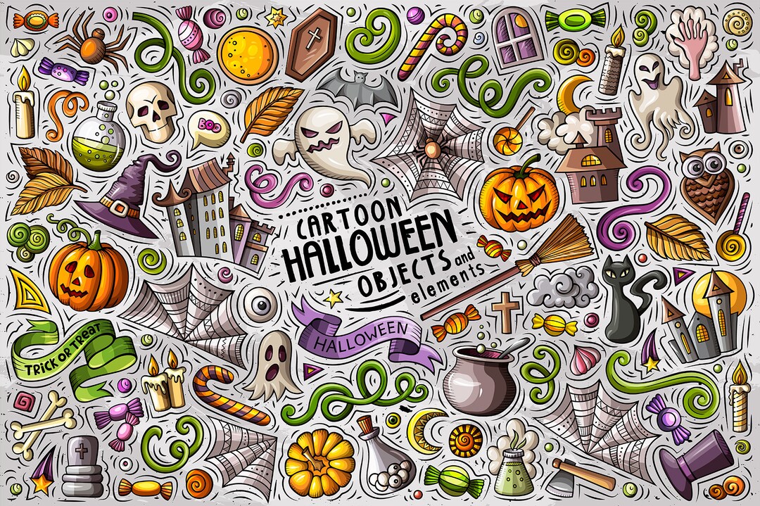 HALLOWEEN Vector Clipart, Halloween Party Cartoon PNG Set, Doodles Clip ...