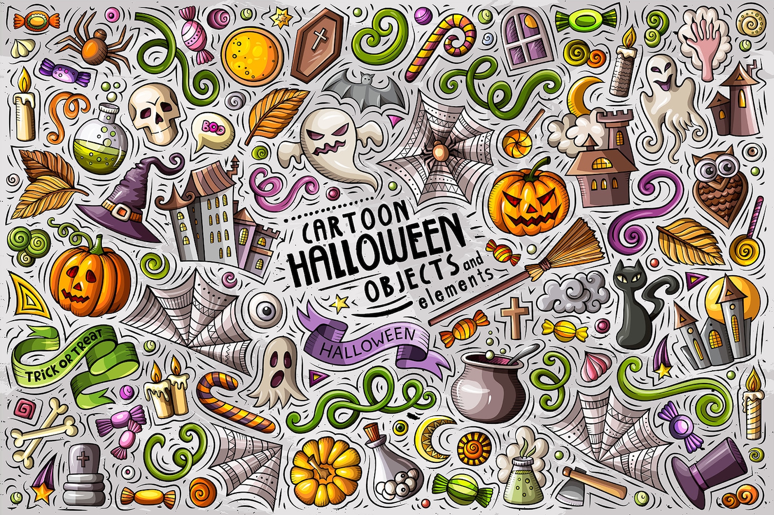 HALLOWEEN Vector Clipart, Halloween Party Cartoon PNG Set, Doodles Clip ...