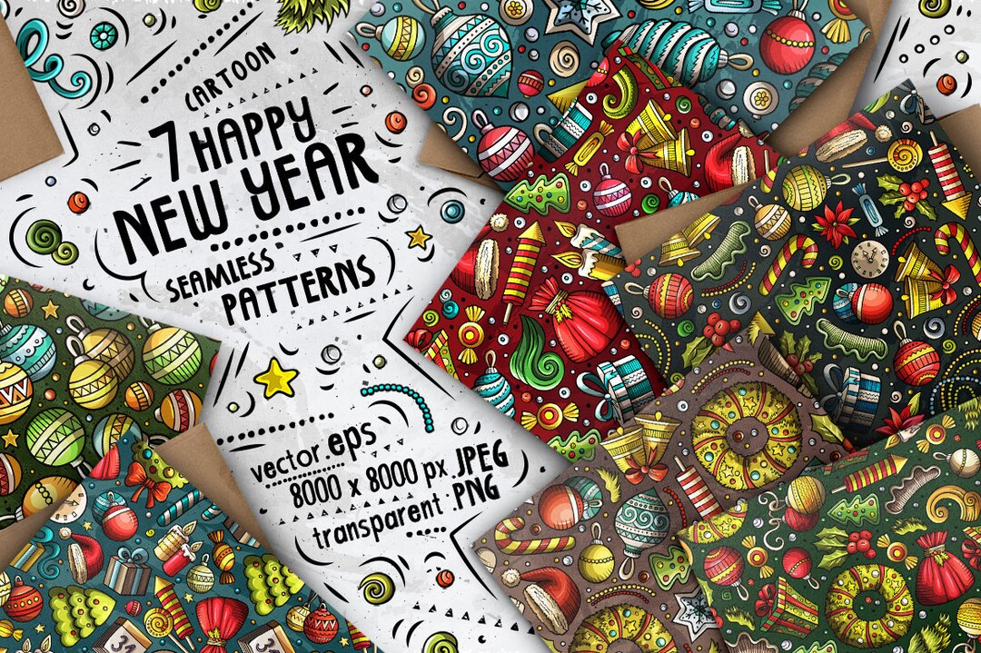 HAPPY NEW YEAR Digital Paper Pack, Merry Christmas Seamless Patterns ...