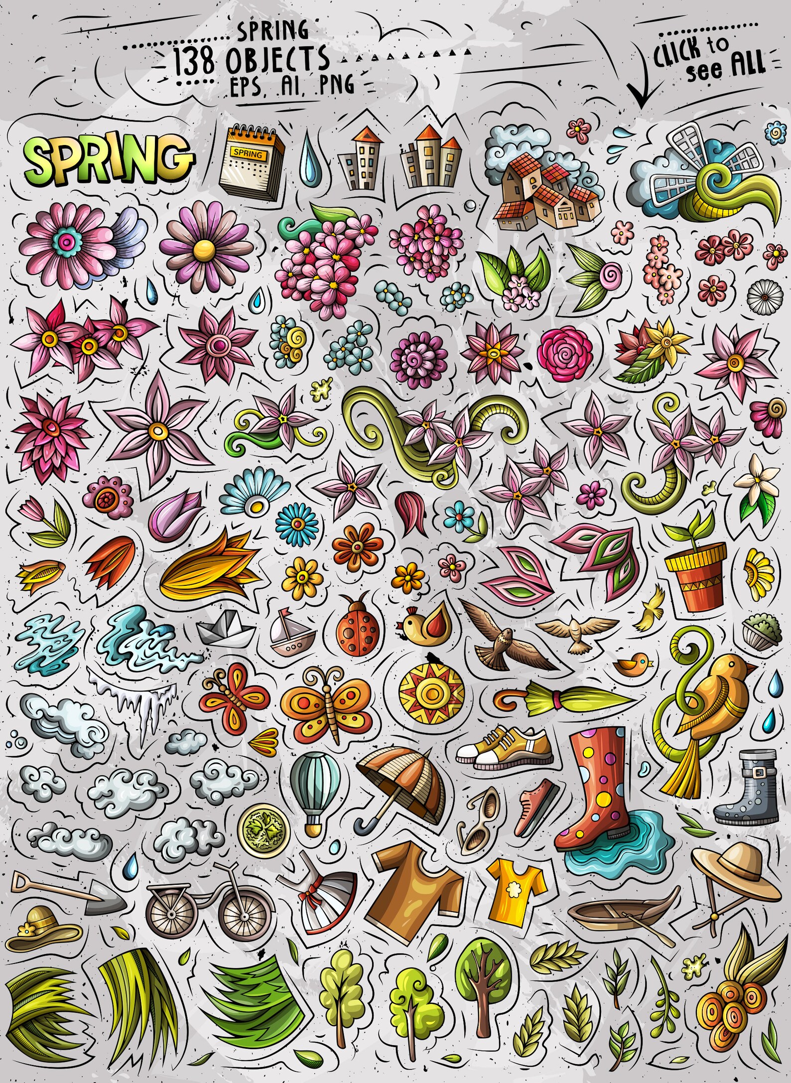 SPRING Vector Clipart, Season Cartoon PNG Set, Springtime Doodles Clip ...