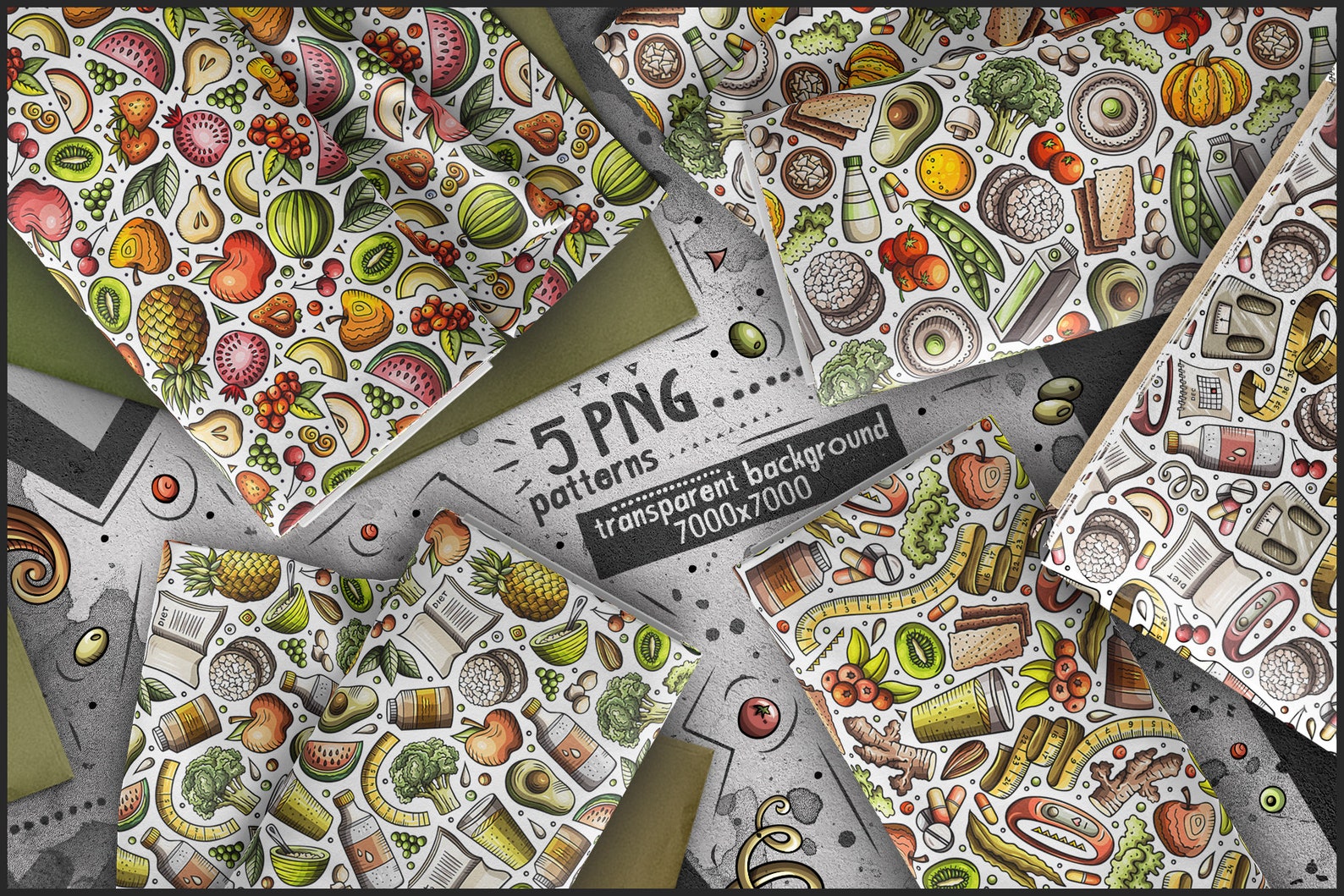 DIET Food Digital Paper Pack, Diet Seamless Patterns, Vegan Food ...