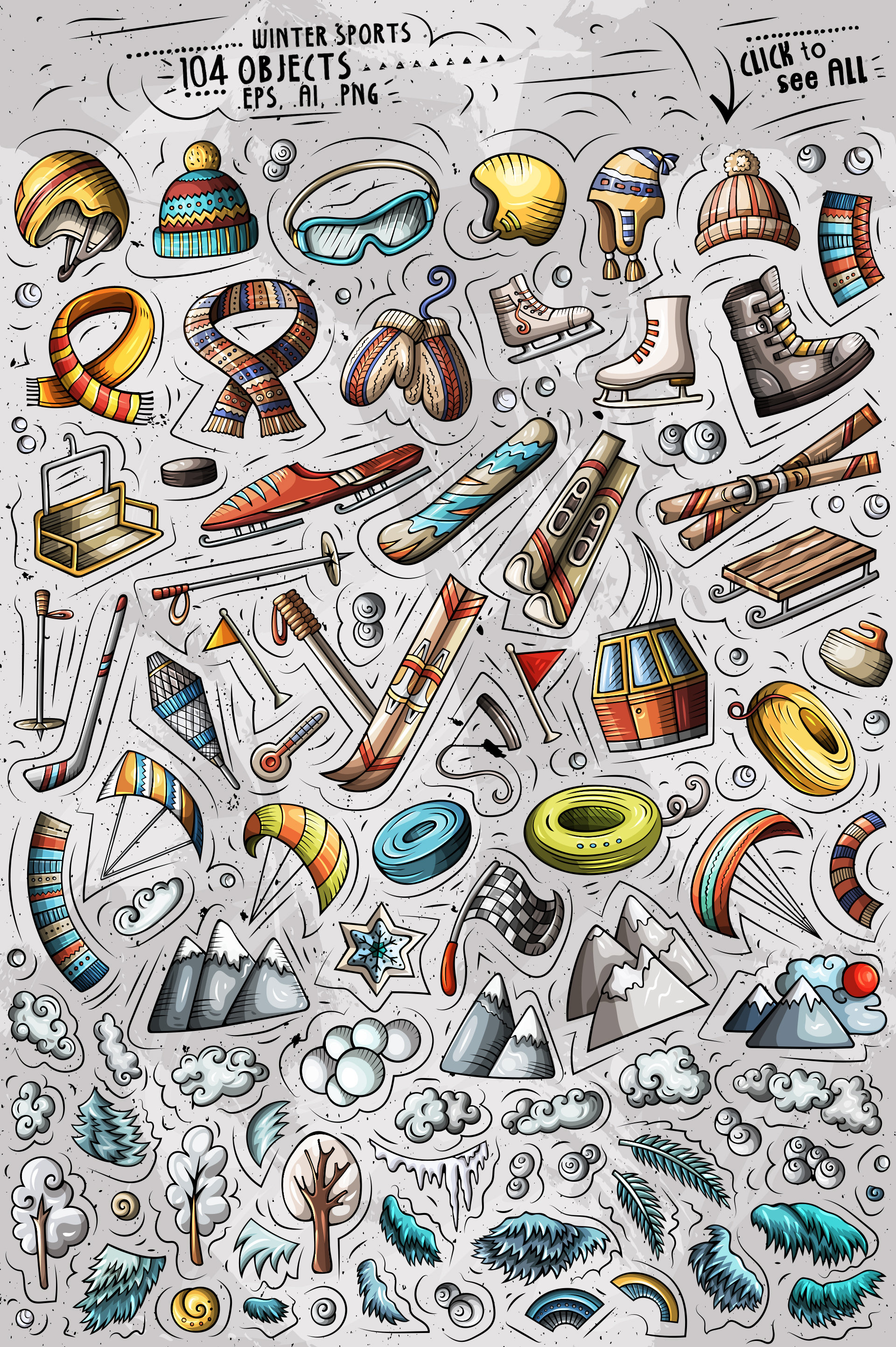 WINTER SPORTS Vector Clipart, Wintertime Doodles Clip Art, Cartoon PNG ...