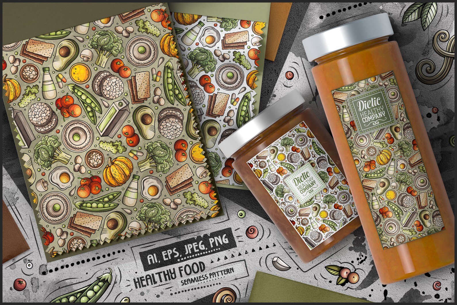 DIET Food Digital Paper Pack, Diet Seamless Patterns, Vegan Food ...
