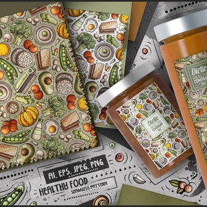 DIET Food Digital Paper Pack, Diet Seamless Patterns, Vegan Food ...