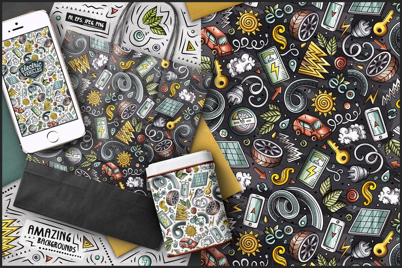 Electric Cars Digital Papers Pack, Eco Vehicle Seamless Patterns ...