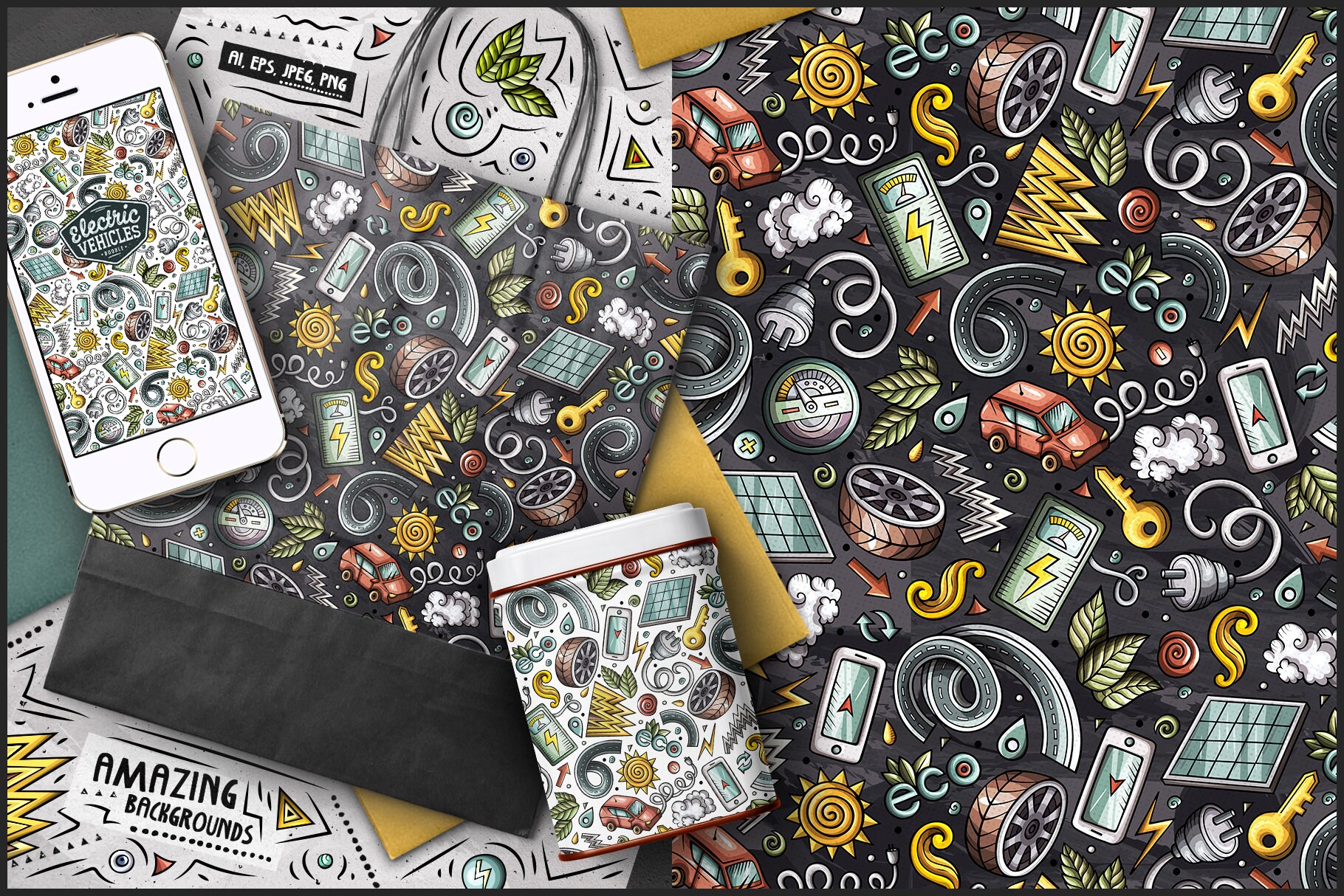 Electric Cars Digital Papers Pack, Eco Vehicle Seamless Patterns ...