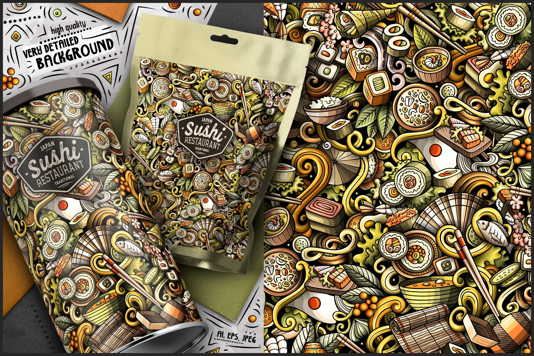 Japanese Food Digital Paper Pack, Japan Cuisine Seamless Patterns ...