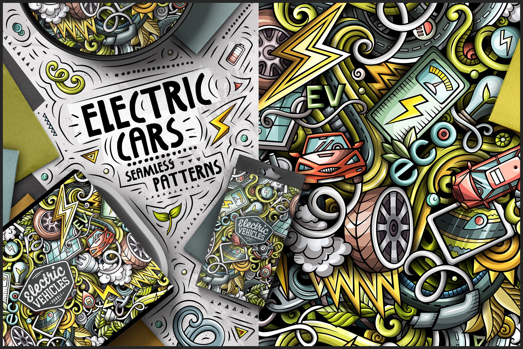 Electric Cars Digital Papers Pack, Eco Vehicle Seamless Patterns ...