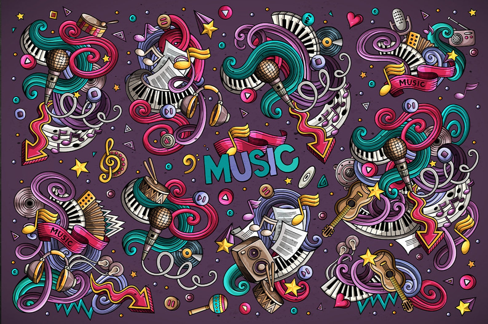 MUSIC Vector Clip Art, Musical Cartoon PNG Set, Musical Instruments ...