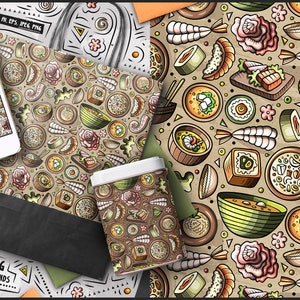 Japanese Food Digital Paper Pack, Japan Cuisine Seamless Patterns ...