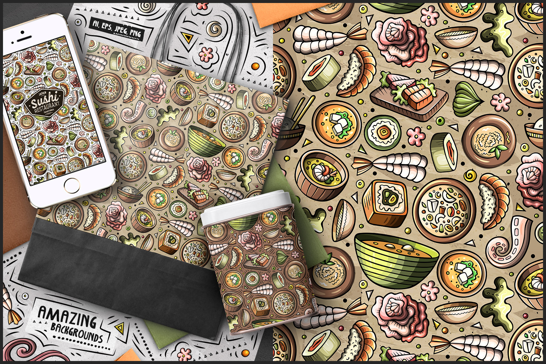 Japanese Food Digital Paper Pack, Japan Cuisine Seamless Patterns ...