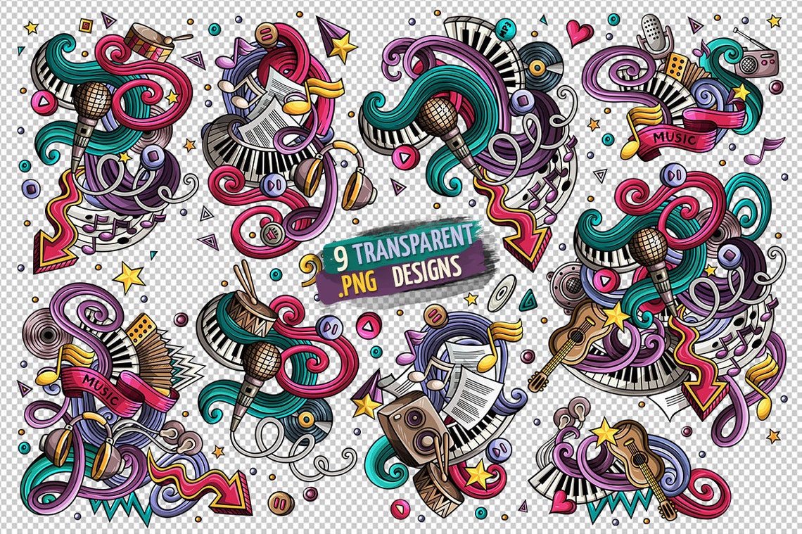 MUSIC Vector Clip Art, Musical Cartoon PNG Set, Musical Instruments ...