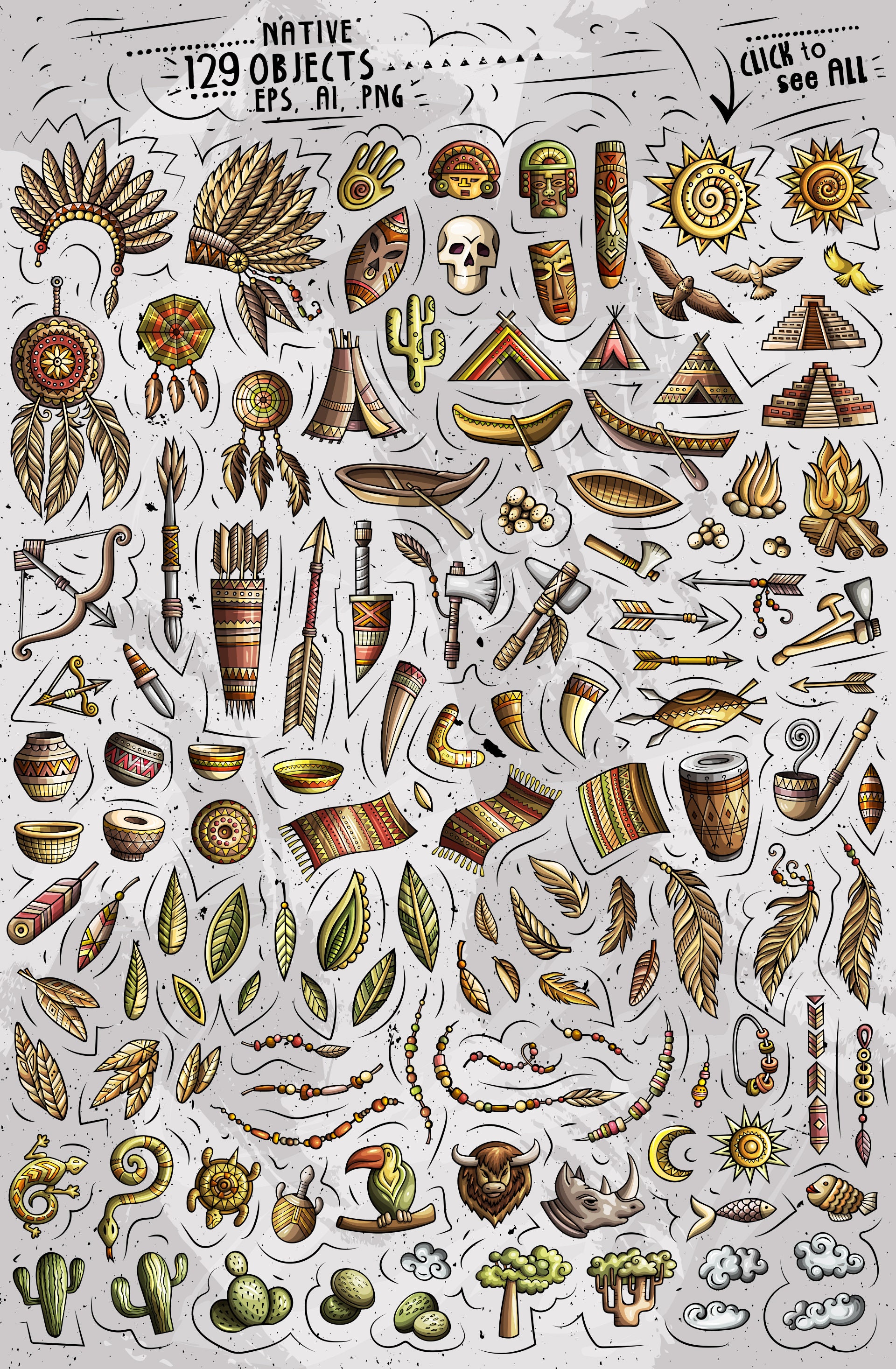 Native American Clipart, Cartoon Doodle Indians Symbols Set, Funny Clip ...