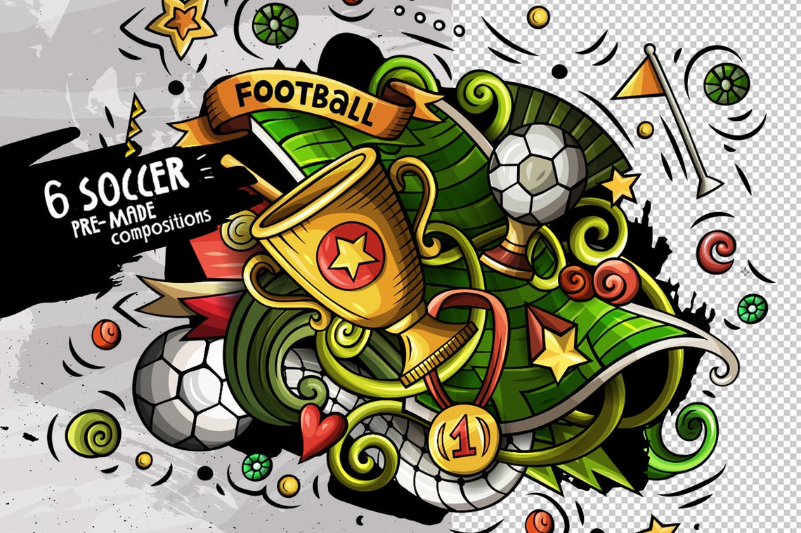 SOCCER Vector Clip Art, Football Cartoon PNG Set, Soccer Doodles ...