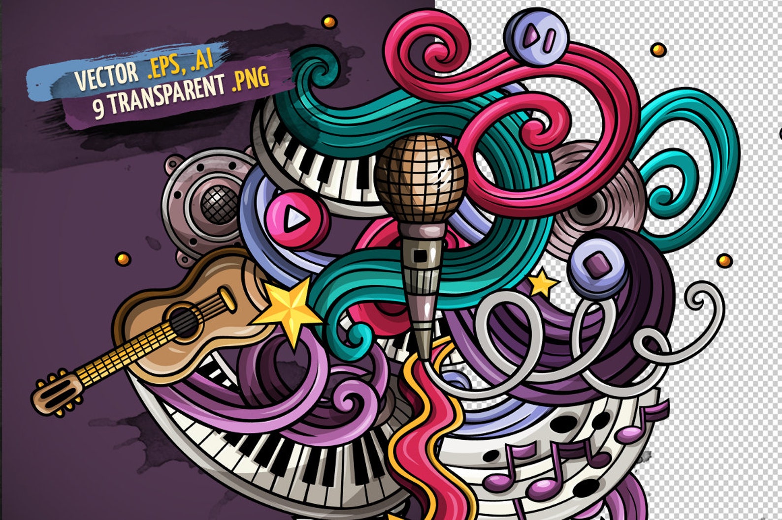 MUSIC Vector Clip Art, Musical Cartoon PNG Set, Musical Instruments ...