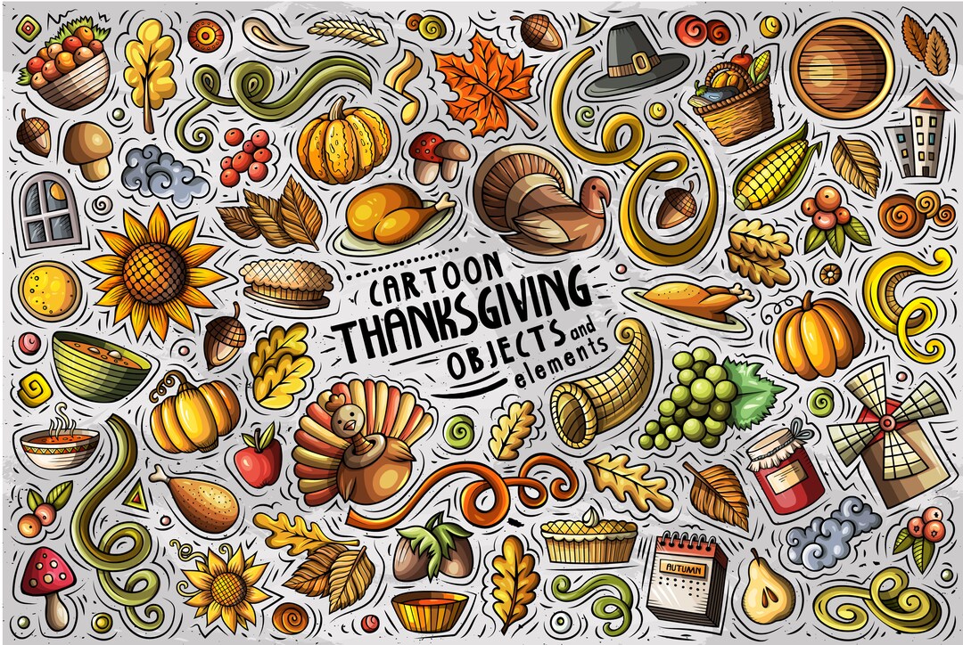 Happy Thanksgiving Clipart, Cartoon Doodle Autumn Set, Fall Harvest ...