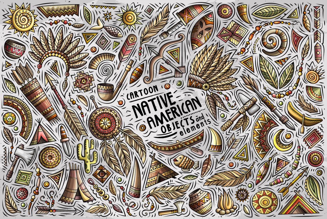 Native American Clipart, Cartoon Doodle Indians Symbols Set, Funny Clip ...