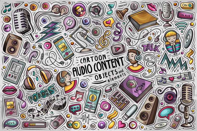 AUDIO CONTENT Clipart, Audiobook Cartoon Doodle Set, Podcast Funny Clip ...
