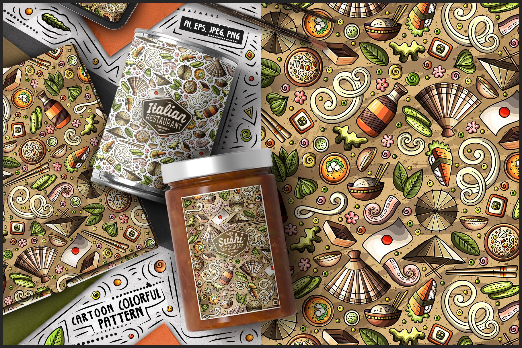 Japanese Food Digital Paper Pack, Japan Cuisine Seamless Patterns ...