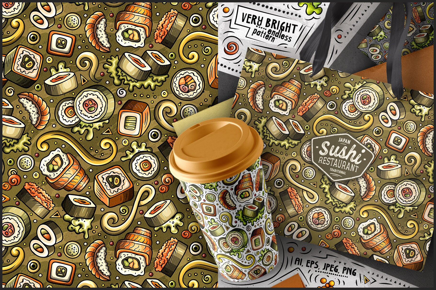 Japanese Food Digital Paper Pack, Japan Cuisine Seamless Patterns ...