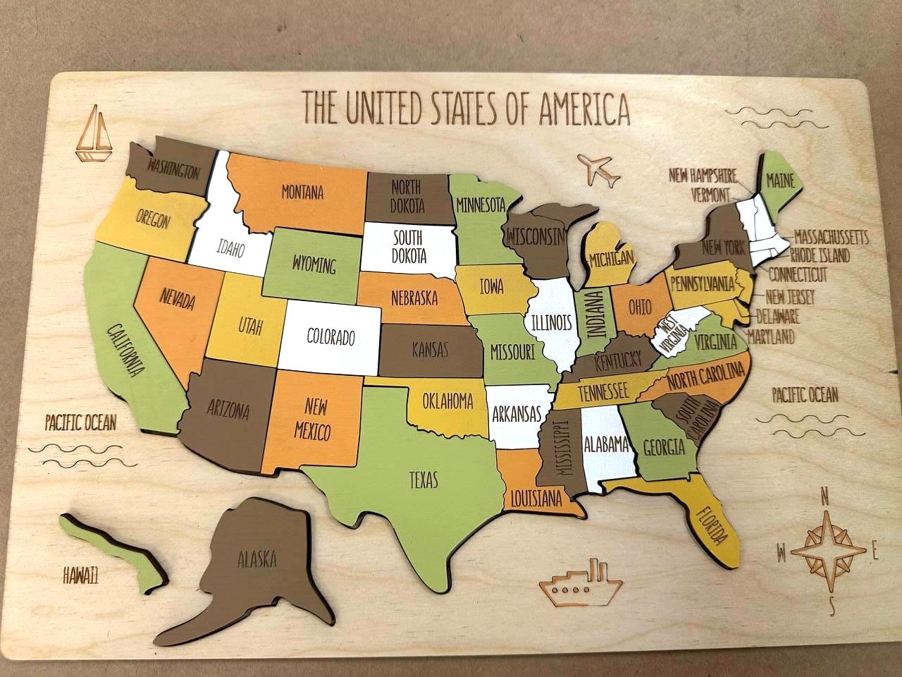 USA Puzzle United States Wooden Map Montessori Educational School Kids ...