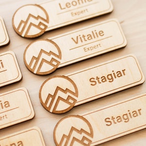 Wooden Name Badge Magnetic Waiter Barista Barman Administrator Badge ...
