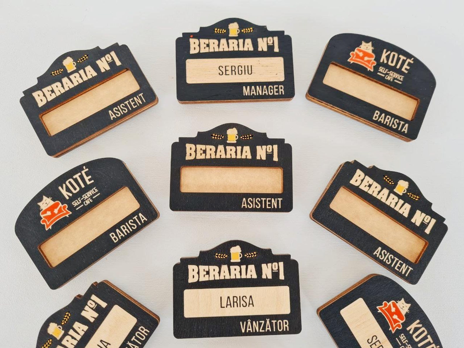 Wooden Name Badge Magnetic Waiter Barista Barman Administrator Badge ...