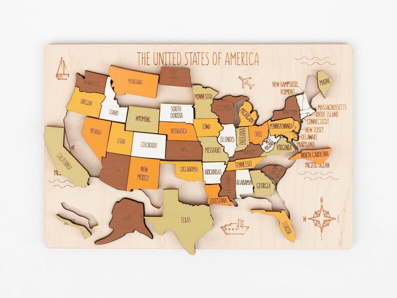 USA Puzzle United States Wooden Map Montessori Educational | Etsy