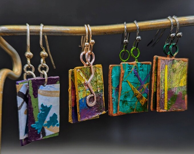 Collage Paper Earrings, Rectangular, Geometric, Ear Wire, Lightweight ...