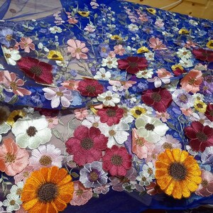 Mesh Luxury Embroidered Fabric 3D on Blue Base Various Flowers,limited ...