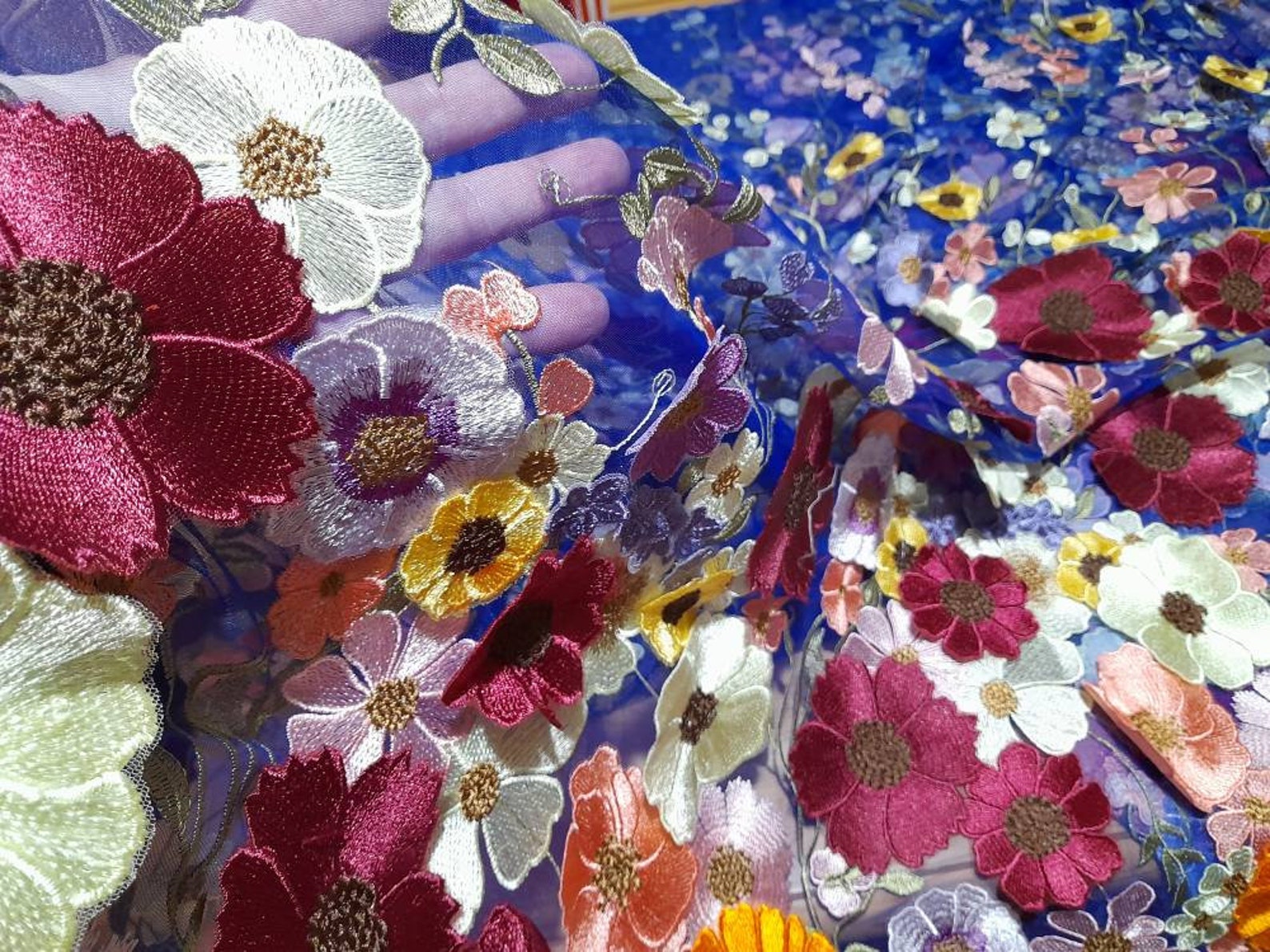 Mesh Luxury Embroidered Fabric 3D on Blue Base Various - Etsy