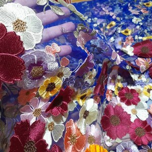 Mesh Luxury Embroidered Fabric 3D on Blue Base Various Flowers,limited ...