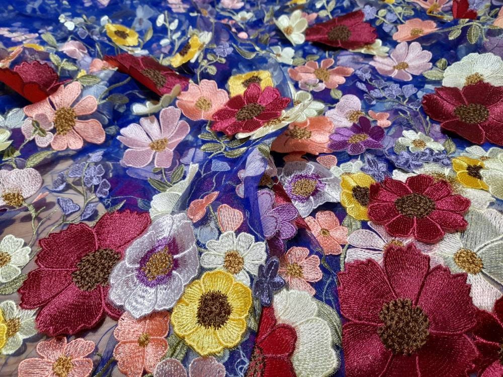 Mesh Luxury Embroidered Fabric 3D on Blue Base Various - Etsy