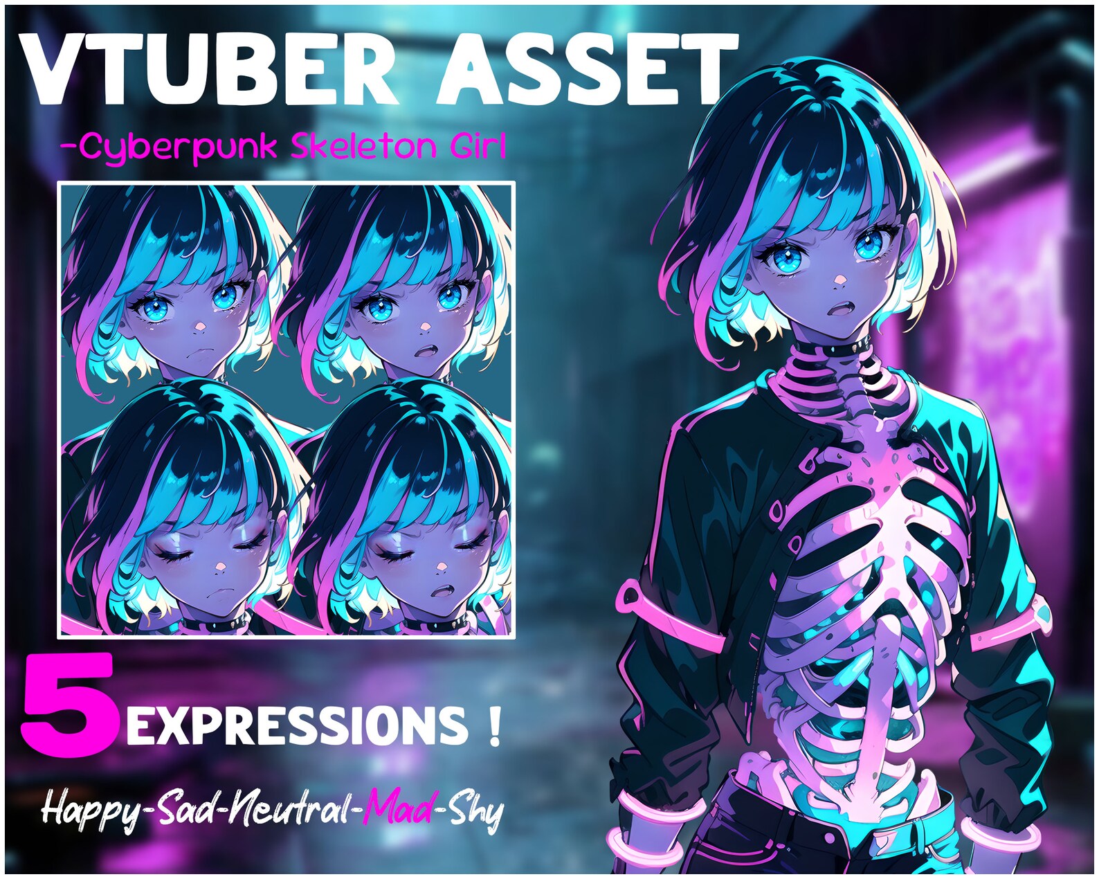 Cyberpunk Skeleton Girl Pngtuber Model: 5 Expressions (veadotube) - Etsy