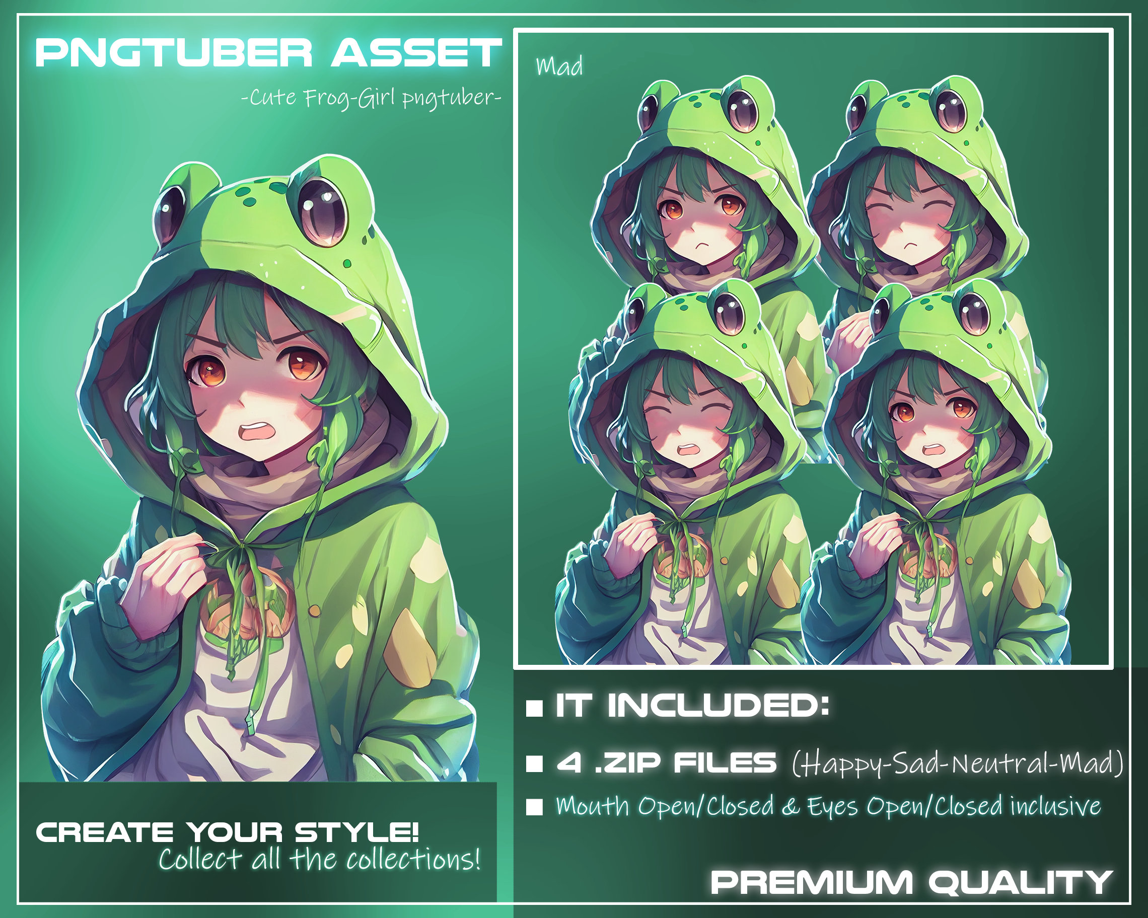 FROG PNGTUBER / Cute Green Girl / Premade/ Custom / Animal - Etsy
