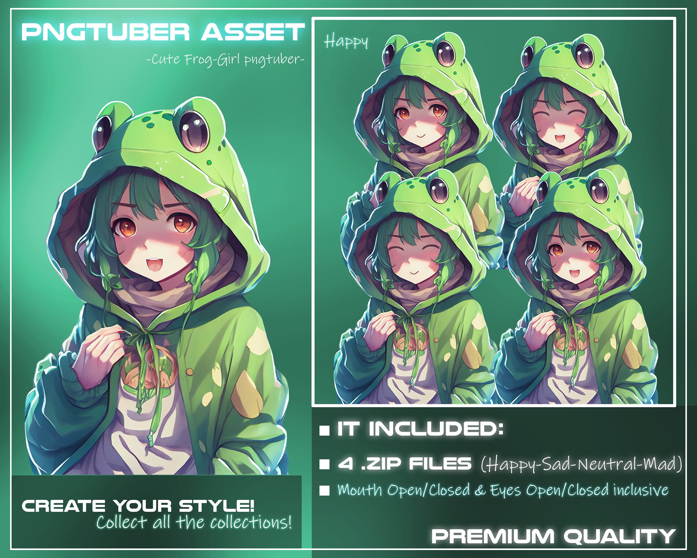 FROG PNGTUBER / Cute Green Girl / Premade/ Custom / Animal - Etsy