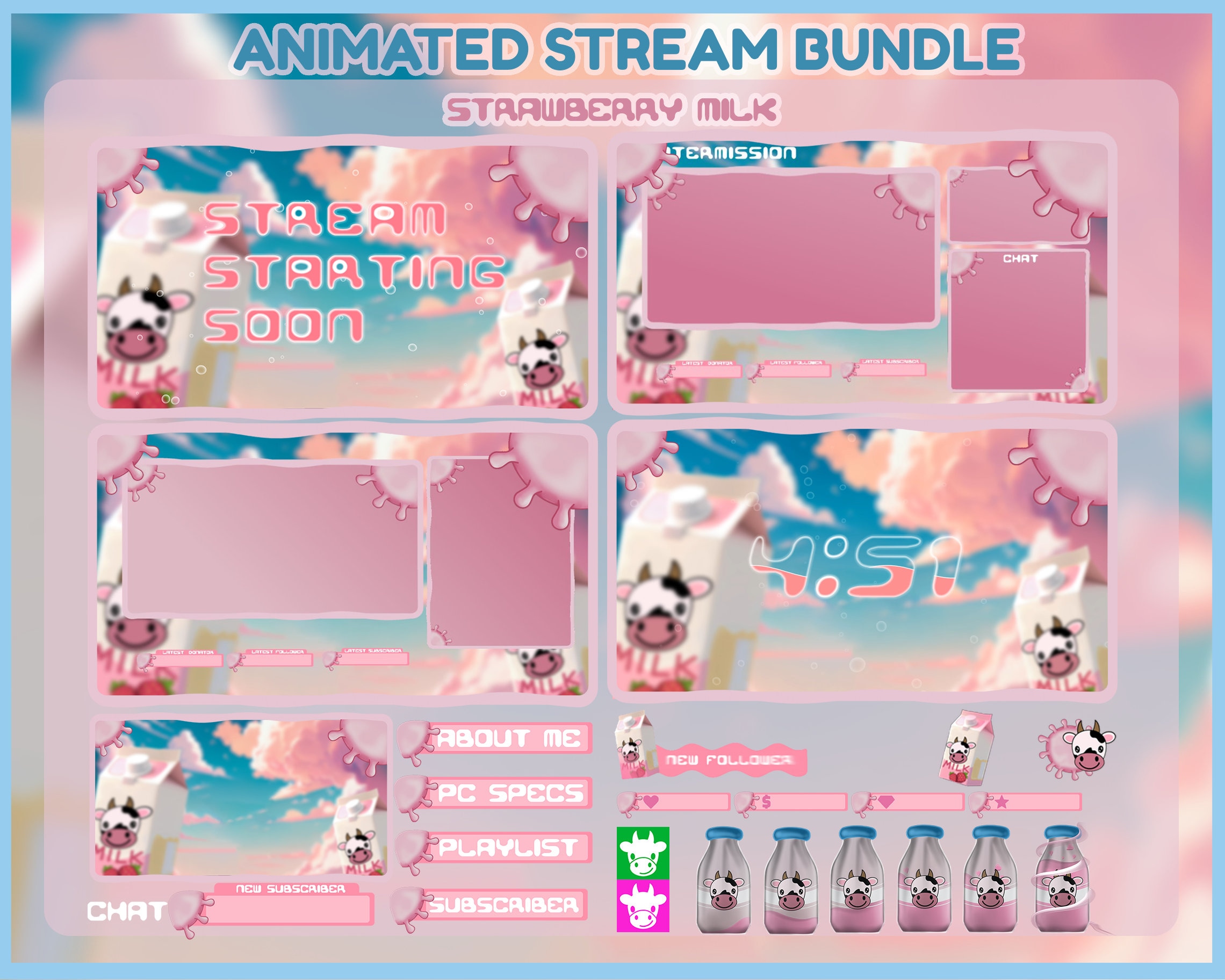 Animated "strawberry Milk" Complete Stream Bundle - Twitch - Overlay ...