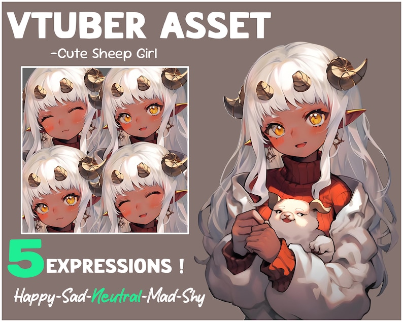 PNGTUBER Cute Sheep Girl / 5 Expression / Premade / Animal - Etsy