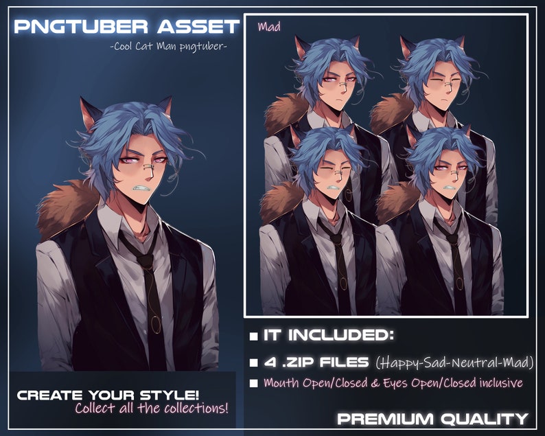 Cool Cat Man Pngtuber – Anime Avatar With 4 Expressions - Etsy